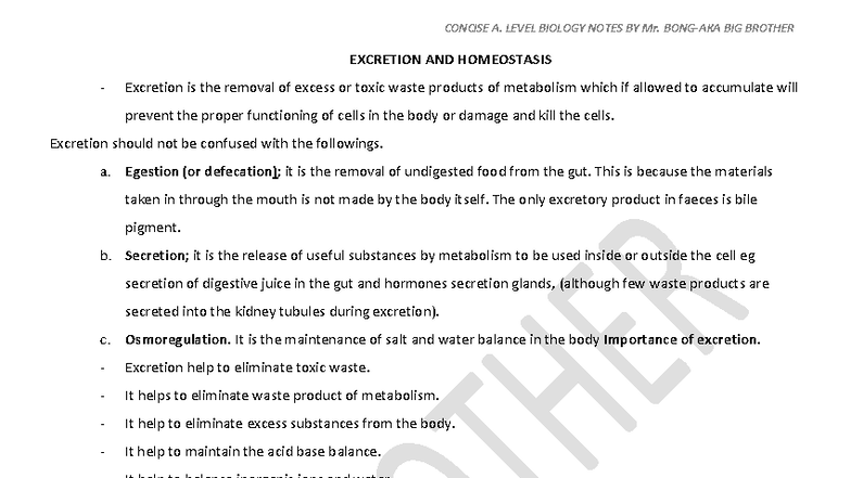 A. LEVEL BIOLOGY NOTES: Excretion and Homeostasis in Living Organisms ...