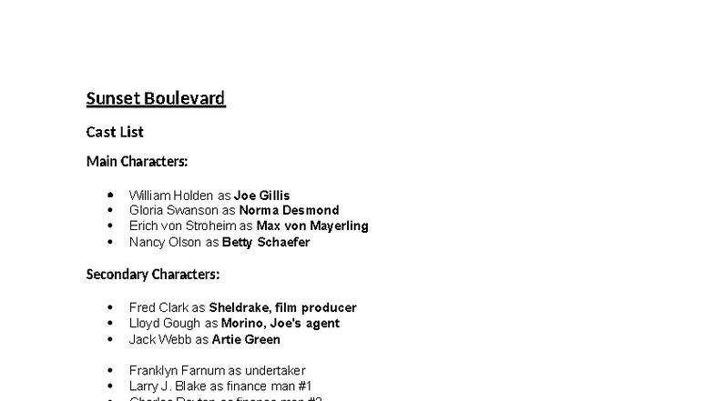 SB Cast List - Different characters within SUnset Boulevard - Sunset ...