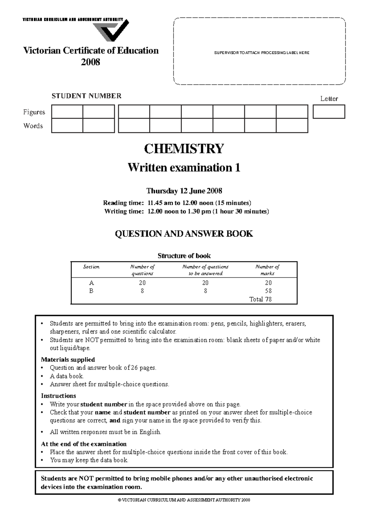2008 CHEM 1 - VCE Chemistry Written Exam 1 - Studocu