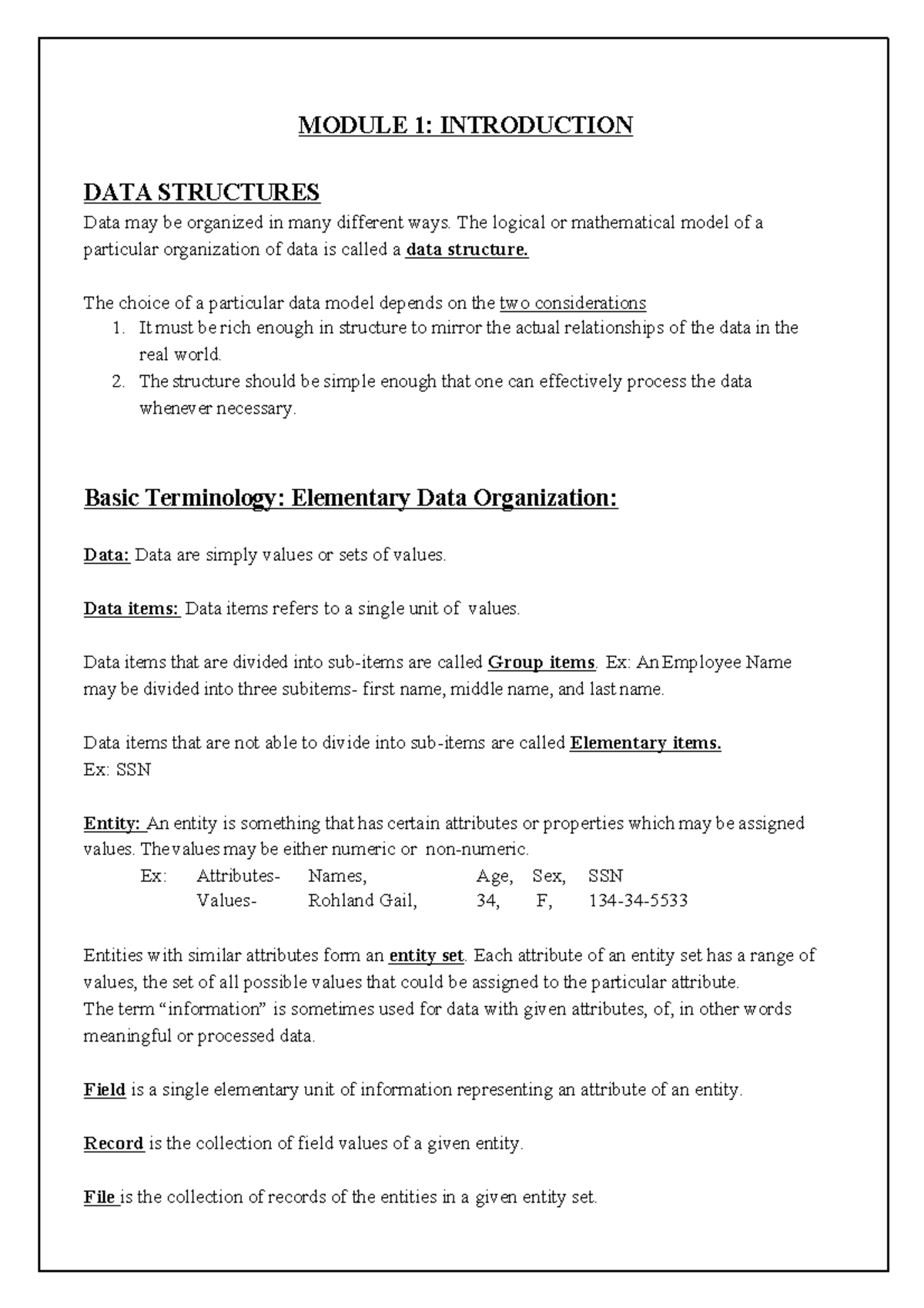 Bcs304 Module 1 Notes Module 1 Introduction Data Structures Data