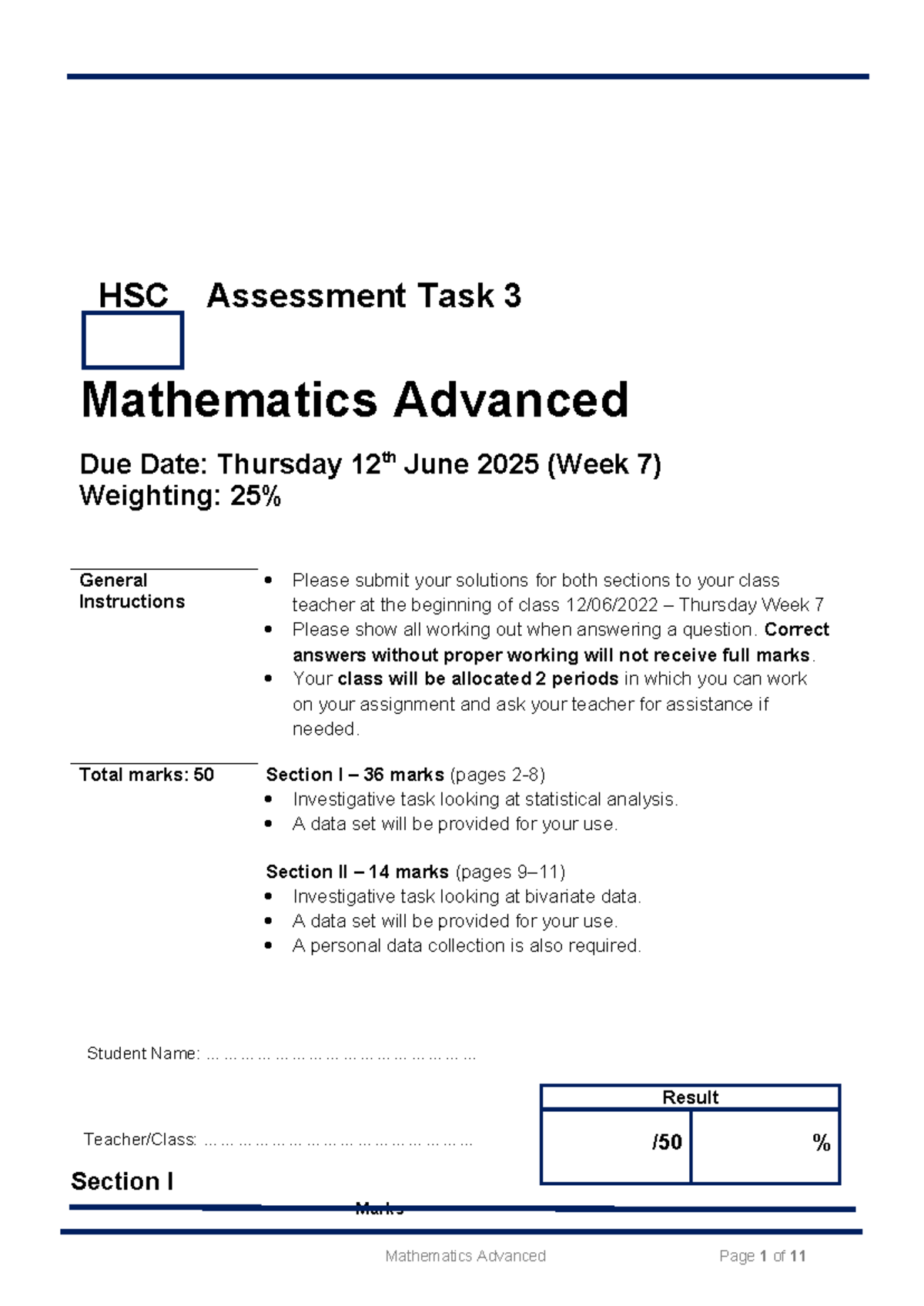 2025 HSC Mathematics Adv Task 3: Statistical Analysis Assignment - Studocu