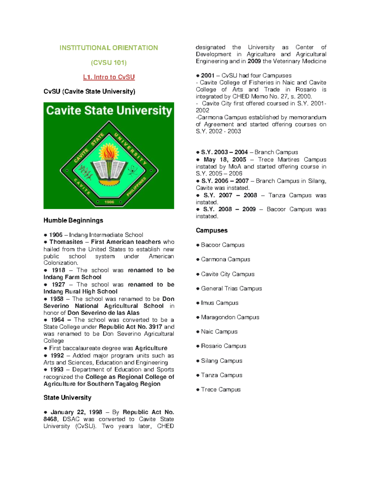 CvSU 101: Institutional Orientation Comprehensive Overview - Studocu