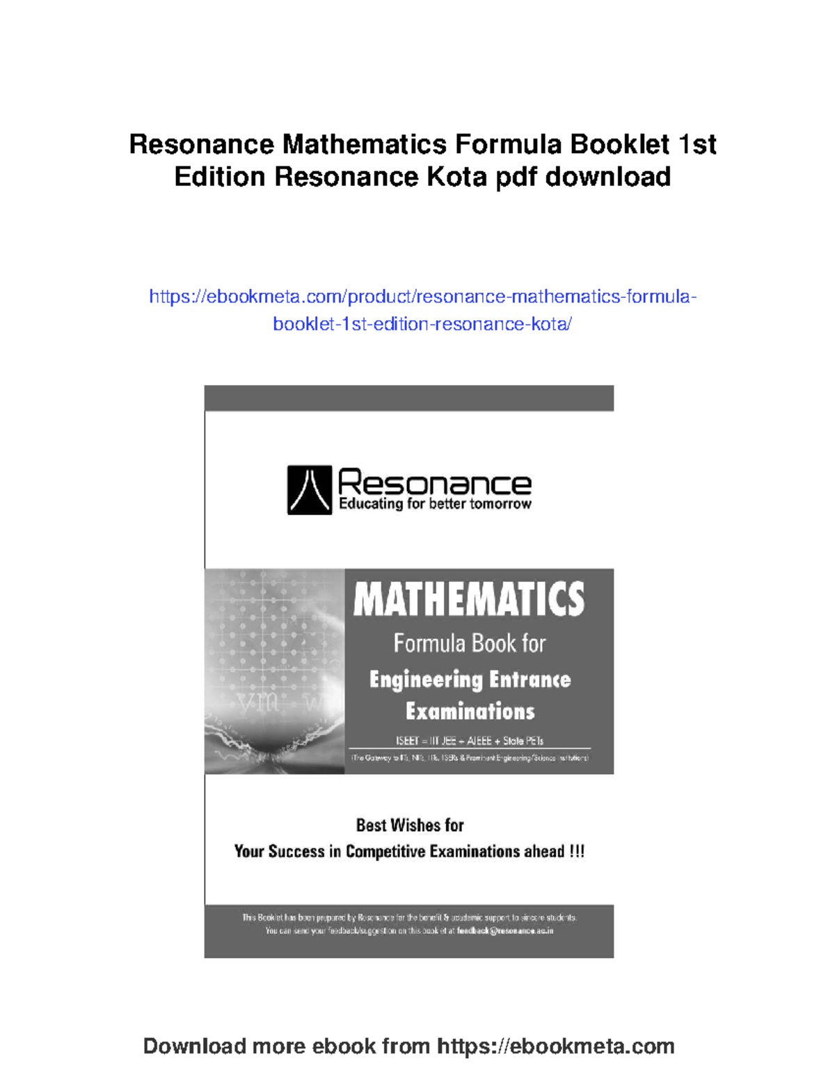 Resonance Mathematics Formula Booklet 1st Ed. - Kota PDF Download - Studocu