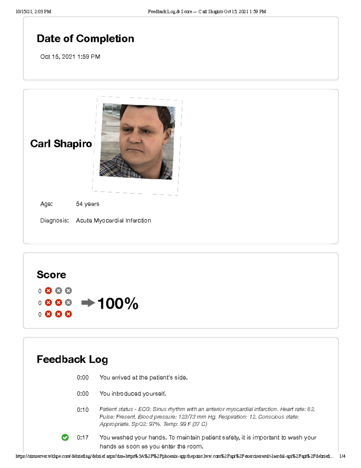 Feedback Log for vSIM Case Study - Acute Myocardial Infarction - Studocu