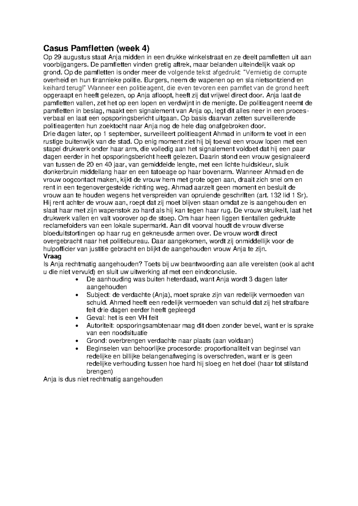 Casus Pamfletten: Week 4 - Analyse van Anja's Aanhouding - Studeersnel