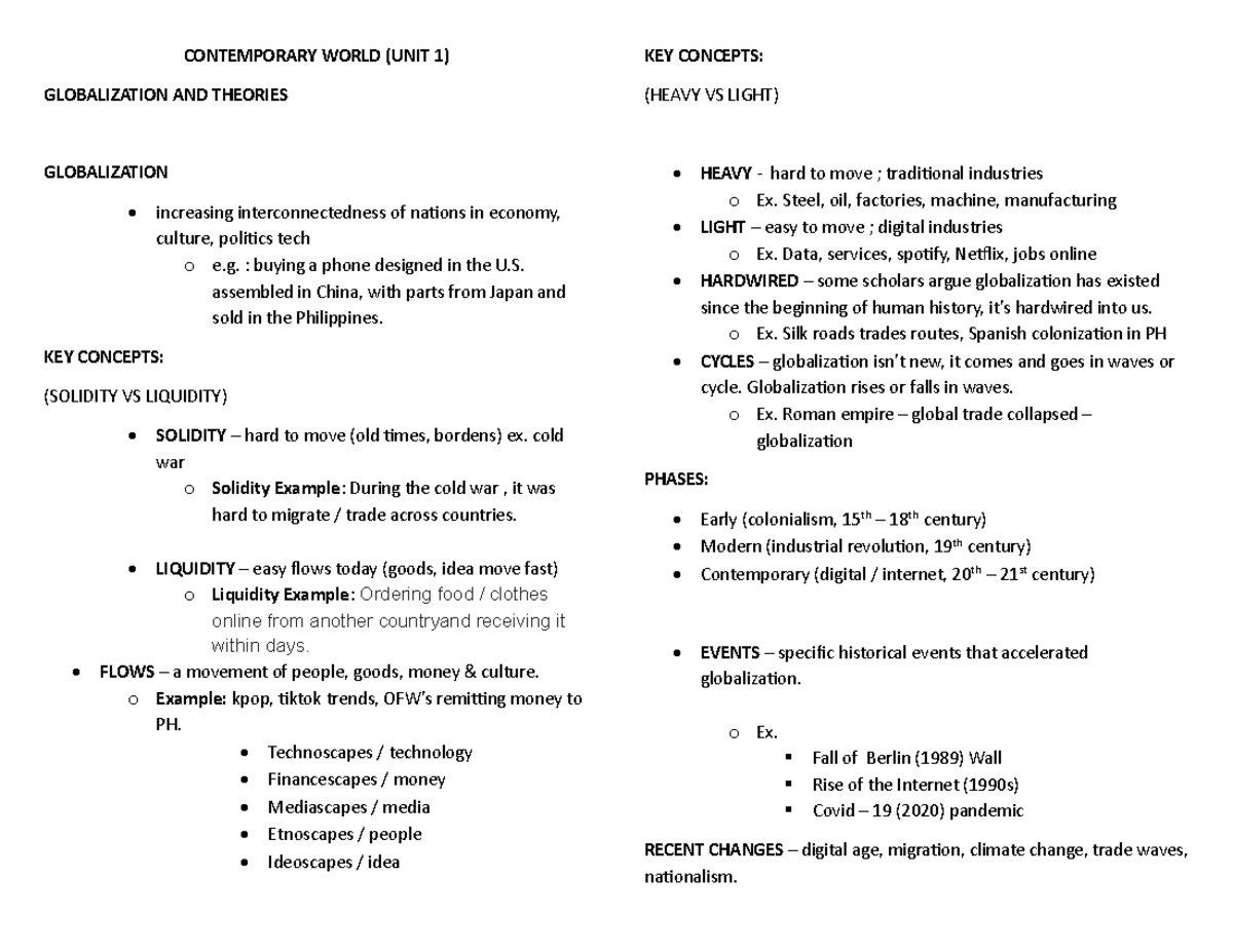 CONW 101: Unit 1 - Globalization Theories & Key Concepts Review - Studocu