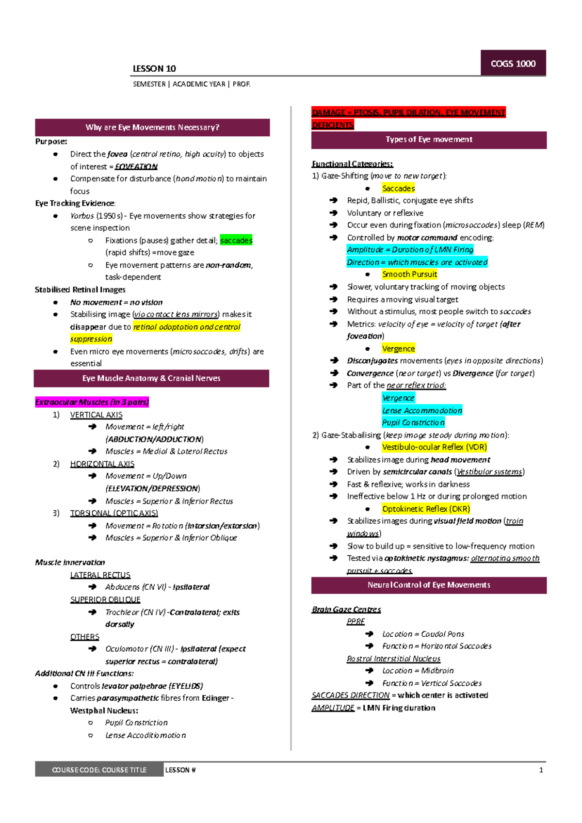 COGS1000 - Week 10: Eye Movements and Muscle Anatomy Notes - Studocu