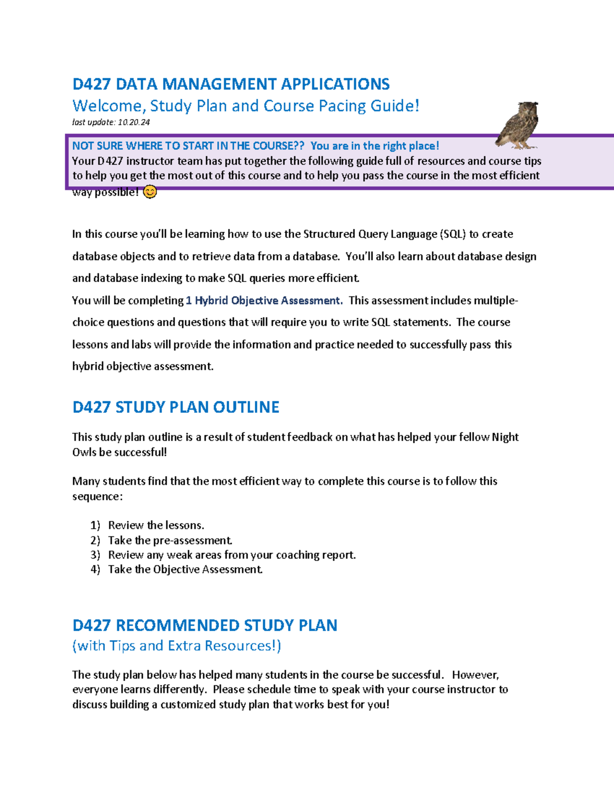 D427 Course Guide V2 - D427 DATA MANAGEMENT APPLICATIONS Welcome, Study ...
