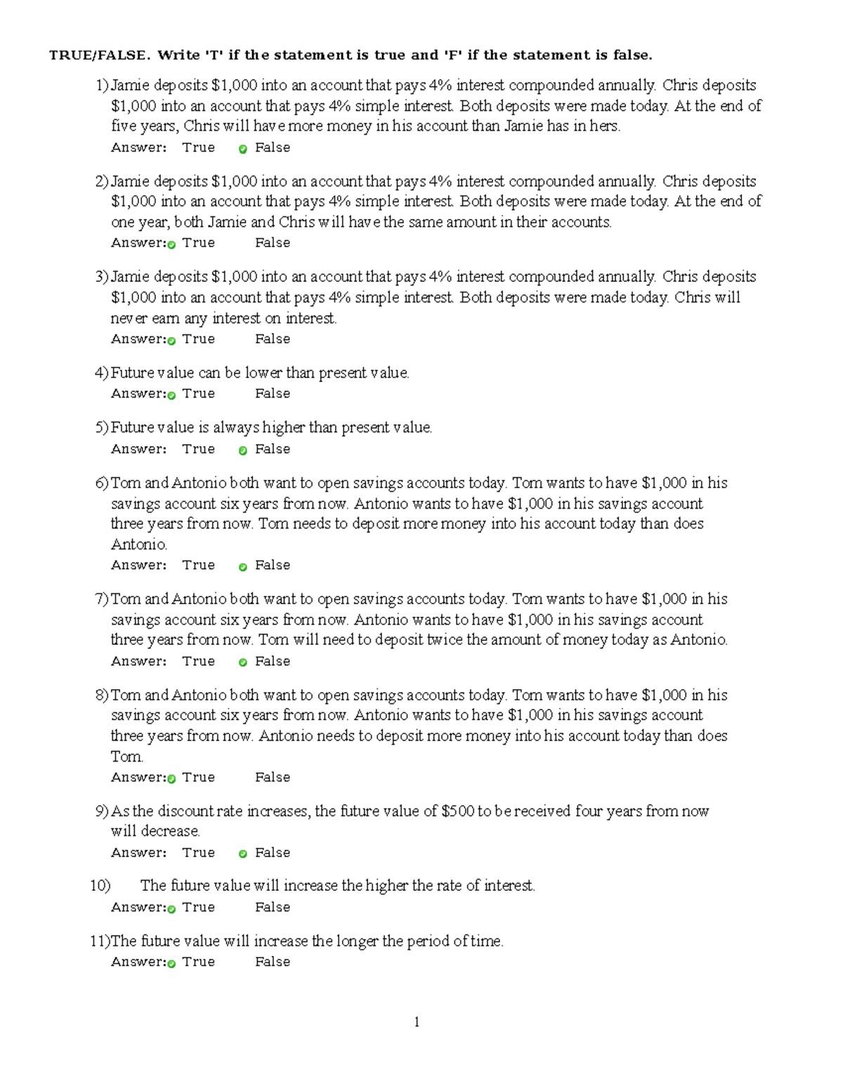 Chapter 05 Finance Quiz Questions - True/False & Multiple Choice - Studocu