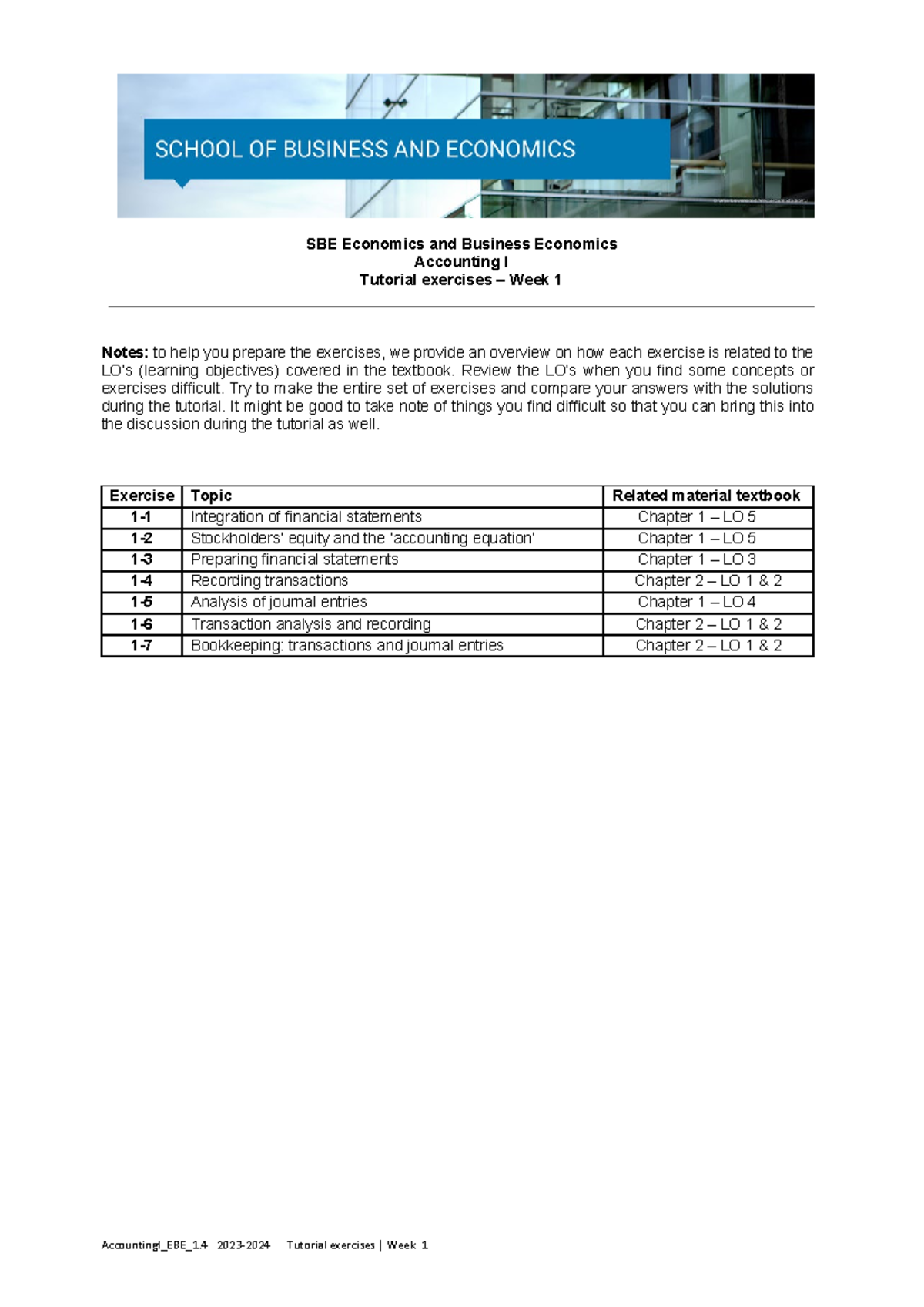 Accounting I - EBE1 - Week 1 Tutorial Exercises Overview - Studeersnel