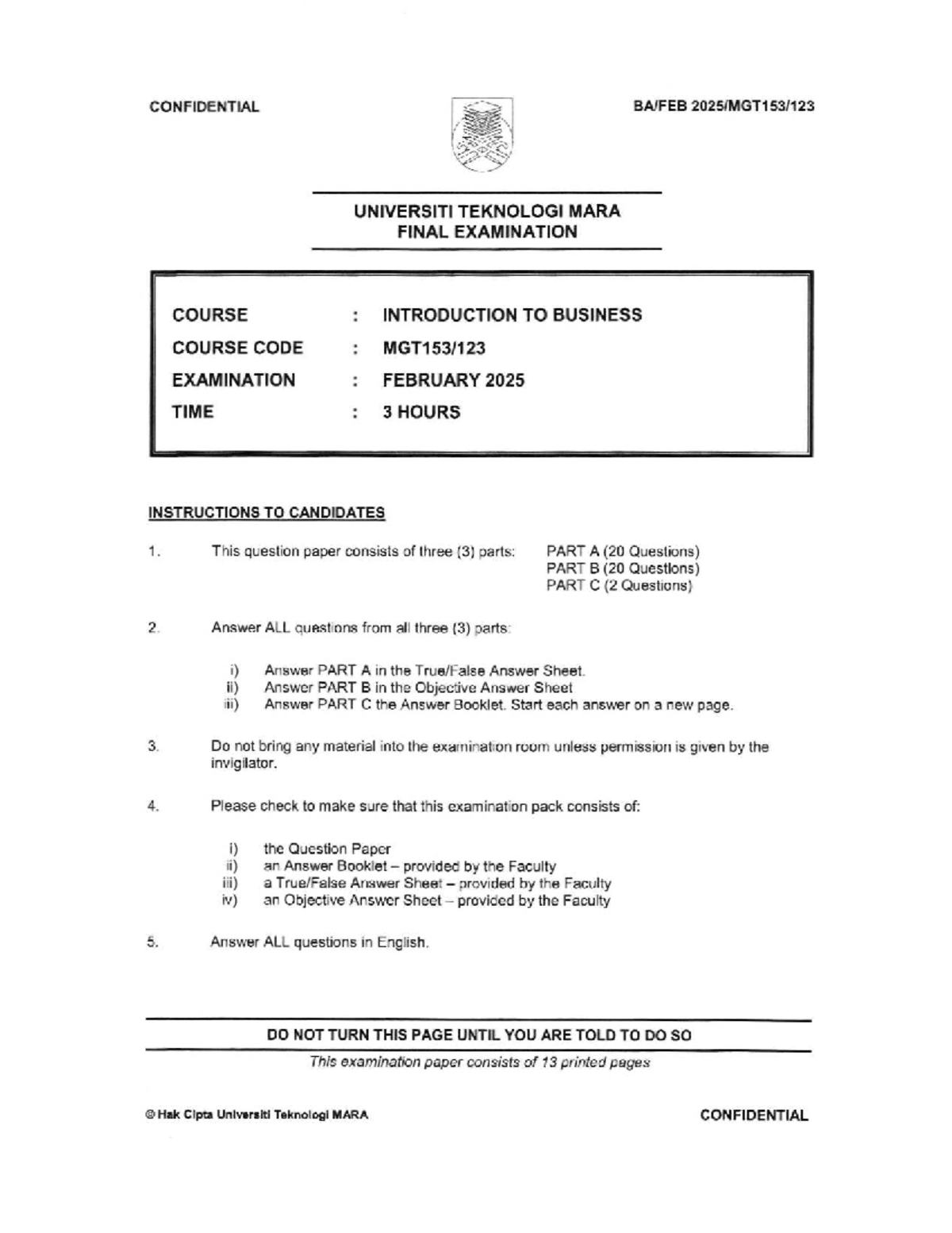 MGT 153 Final Exam Past Paper - Introduction to Business February 2025 ...