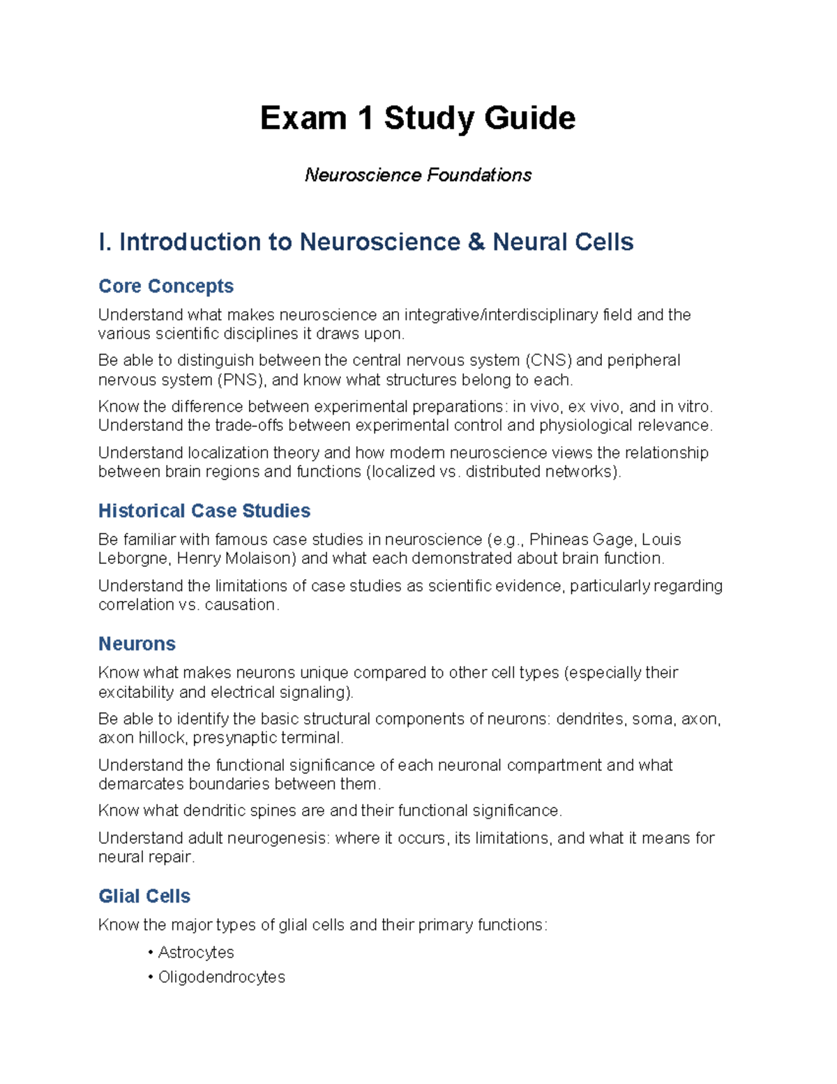 Exam 1 Study Guide: Foundations of Neuroscience (NEURO 101) - Studocu