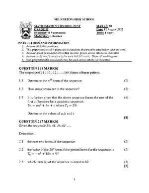 Gr 11 Number Patterns Revision Questions and Solutions - Studocu