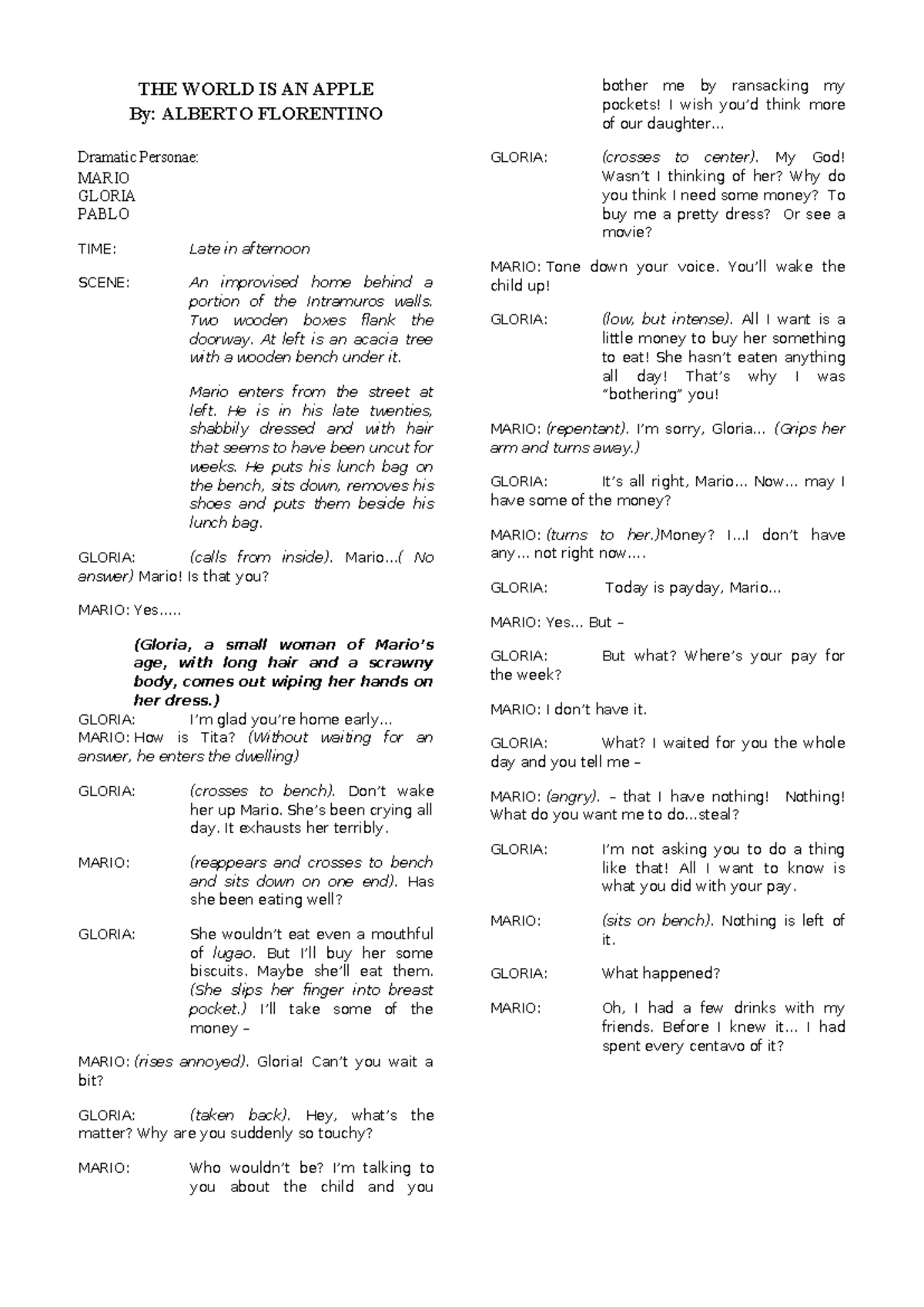 Dramatic Script Analysis: "The World Is An Apple" (ENG 101) - Studocu