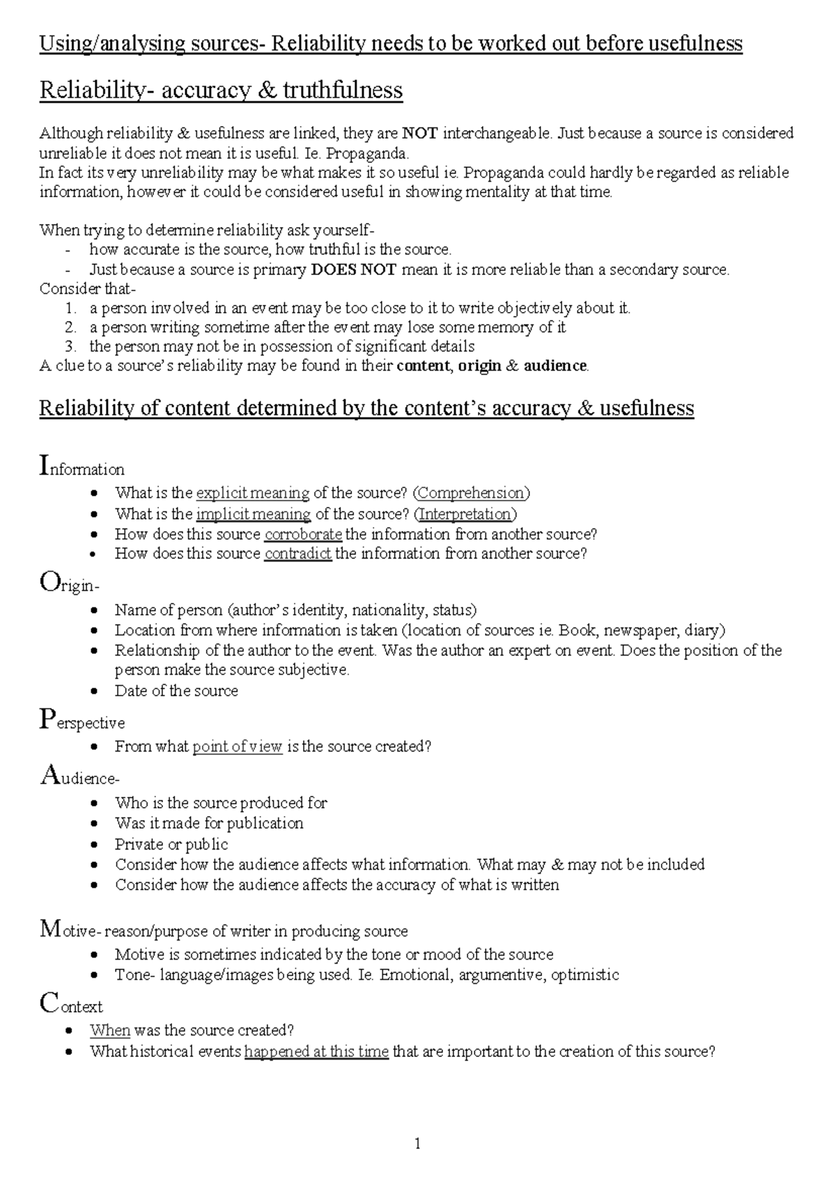 Analysing Sources - Using/analysing sources- Reliability needs to be ...