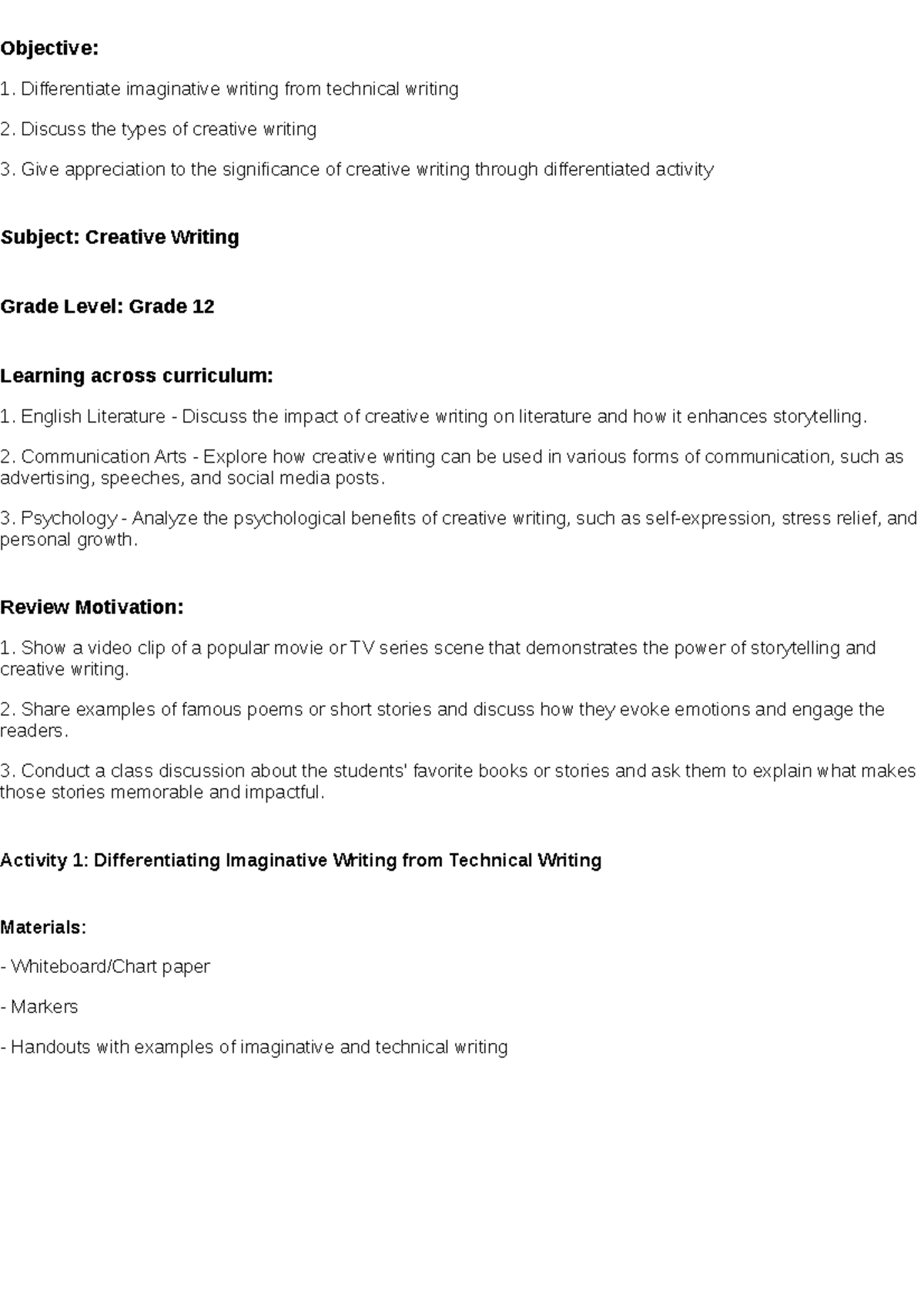 Creative Writing Lesson Plan for Grade 12 English Literature - Studocu