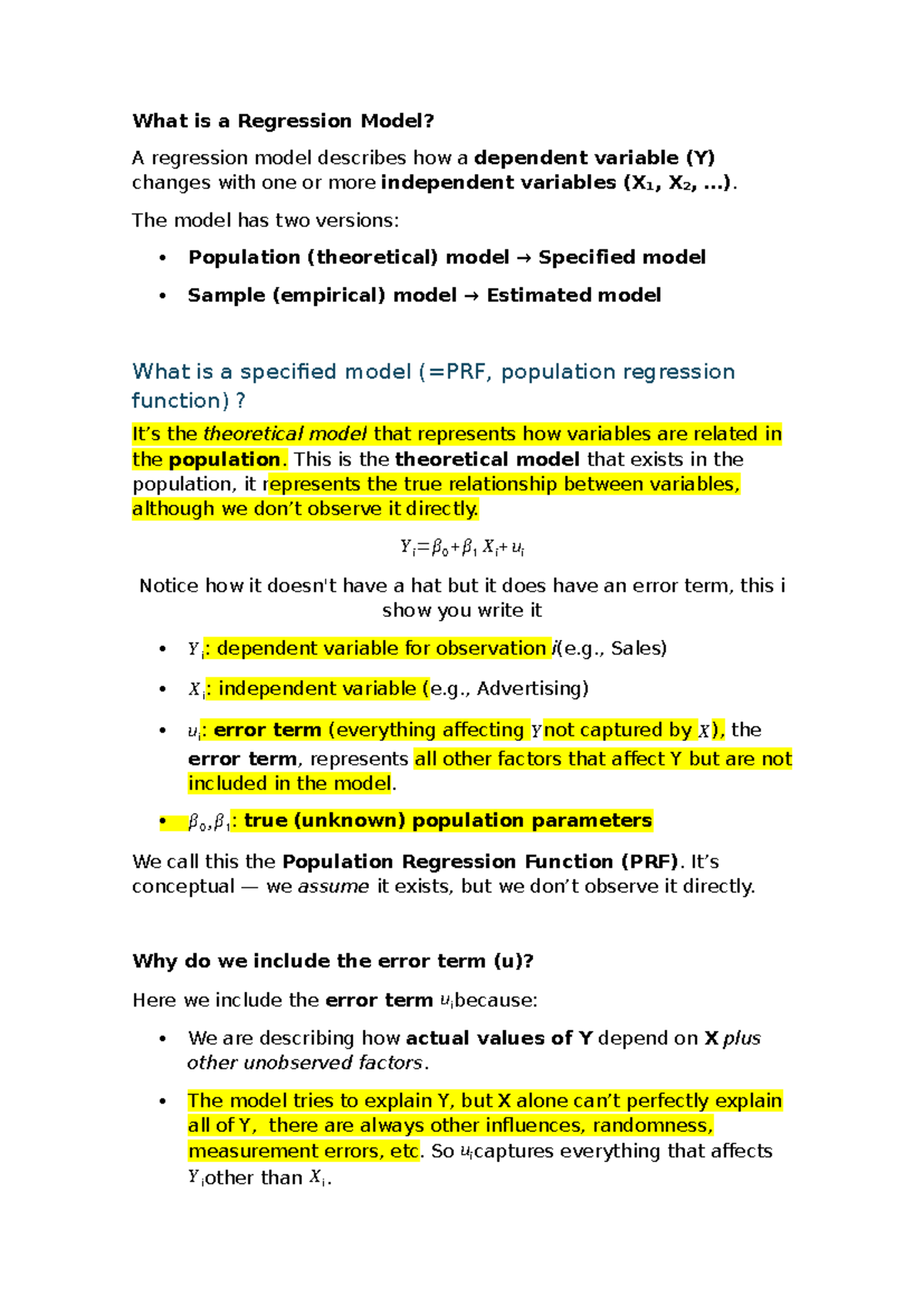Understanding Regression Models: Population vs. Sample Analysis - Studocu
