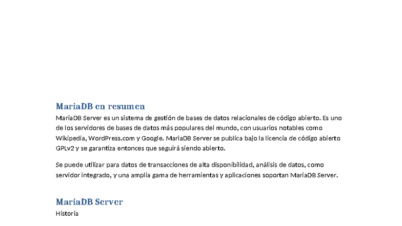 Resumen de MariaDB: Ventajas y Desventajas del Sistema de Gestión - Studocu