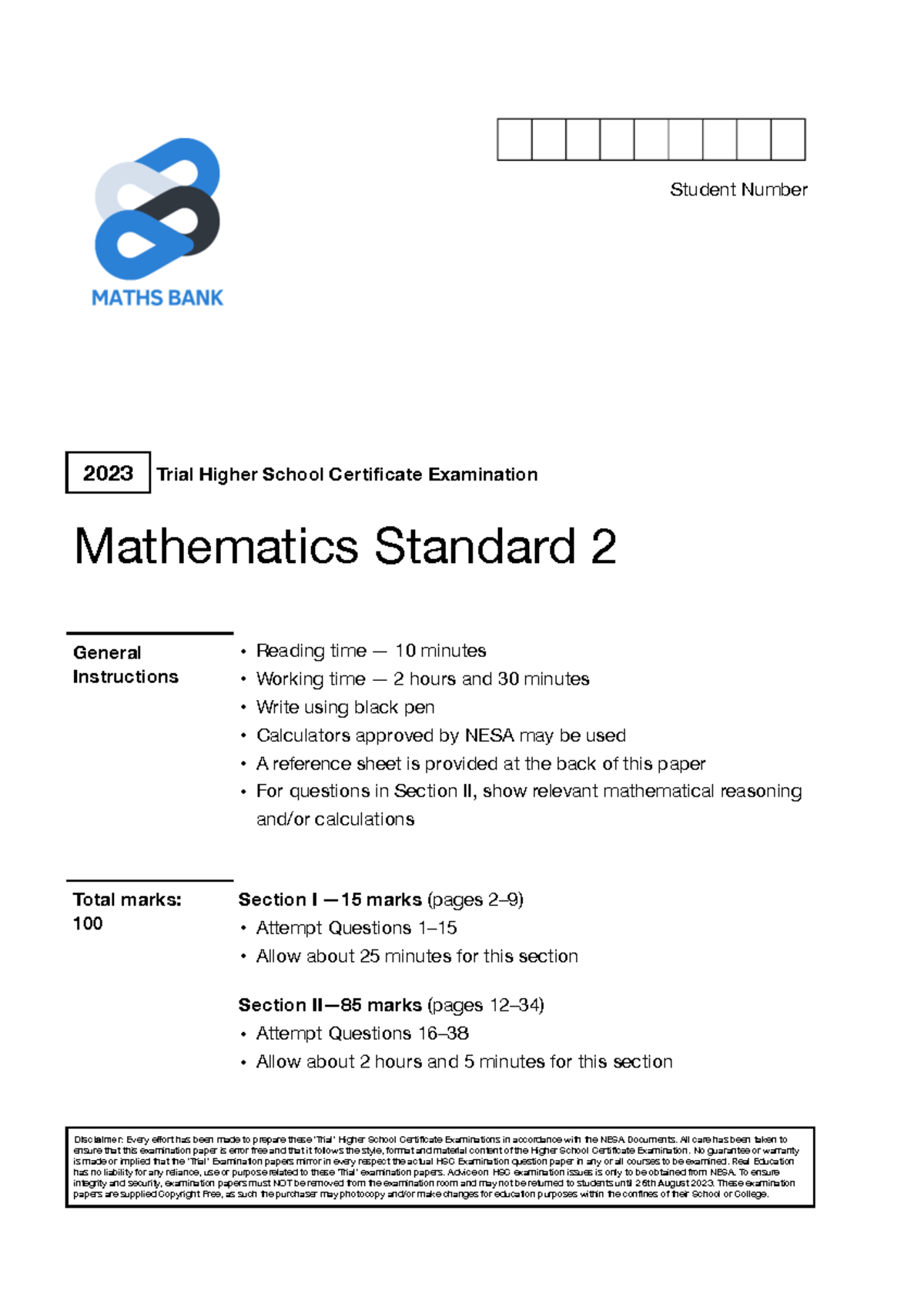 2023 HSC Trial Mathematics Standard 2 Exam Paper - Studocu