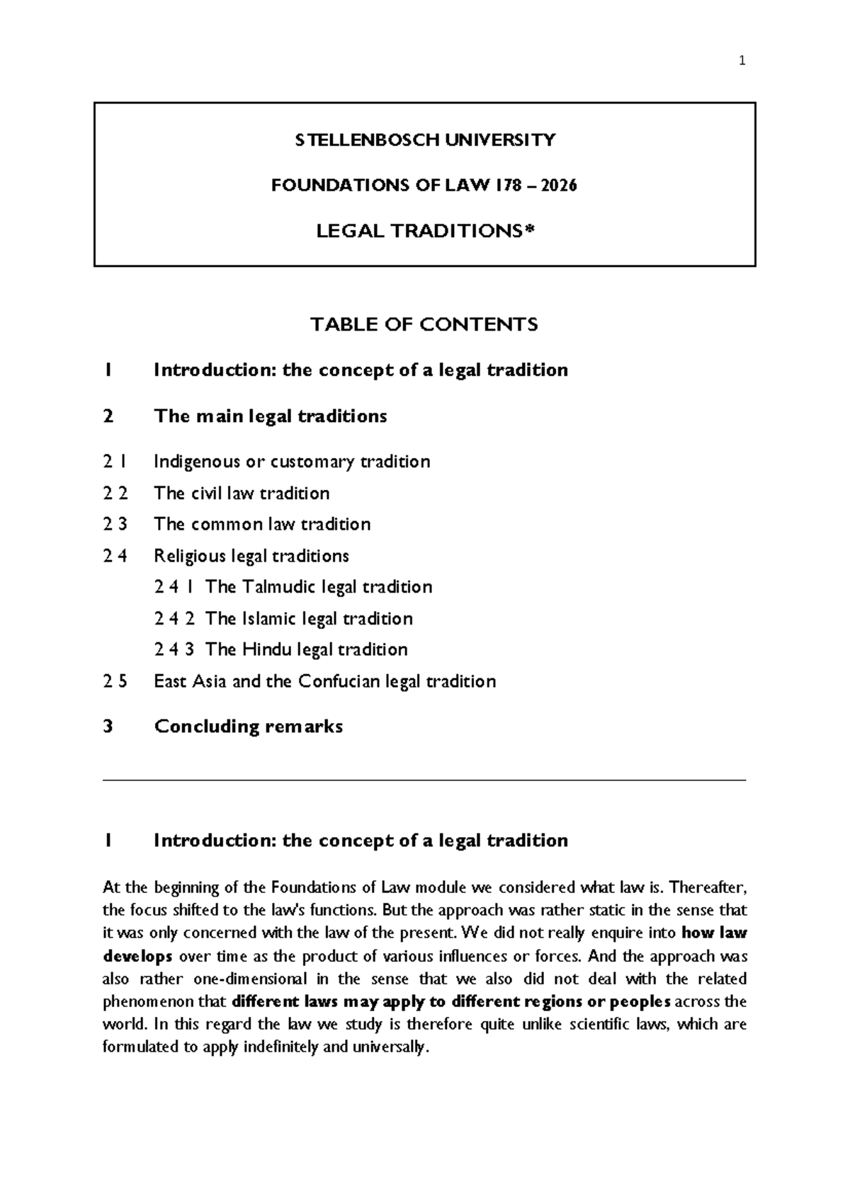 Foundations of Law 178: Legal Traditions Lecture Notes - Studocu