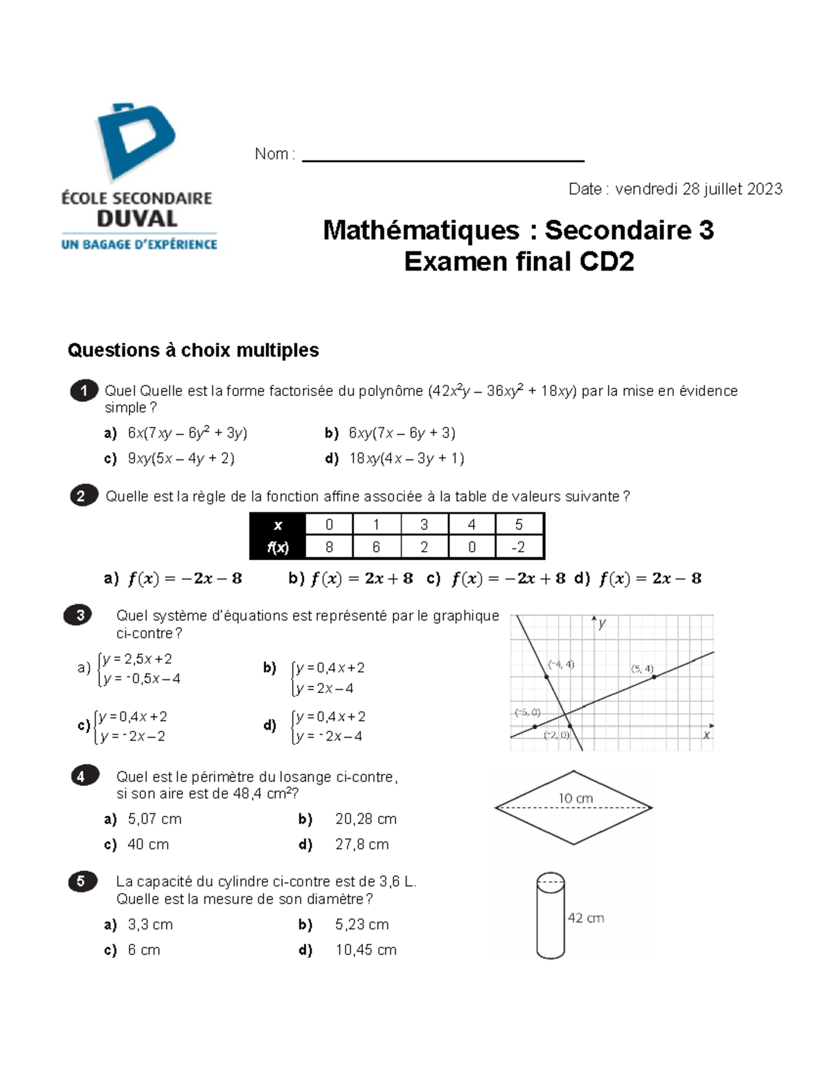 Examen final CD2 302 en Mathématiques Secondaire 3 - Questions et ...