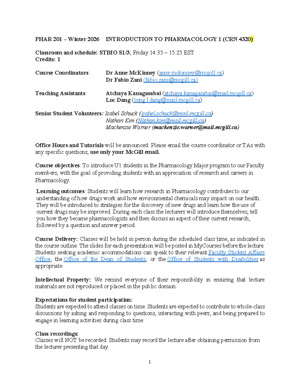 PHAR 201 Winter 2026 Course Outline: Introduction to Pharmacology - Studocu
