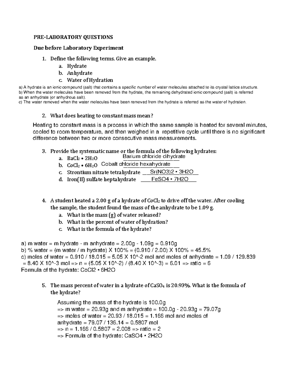 Experiment 03: Determining the Formula of a Hydrate - CHEM 1111 Lab ...