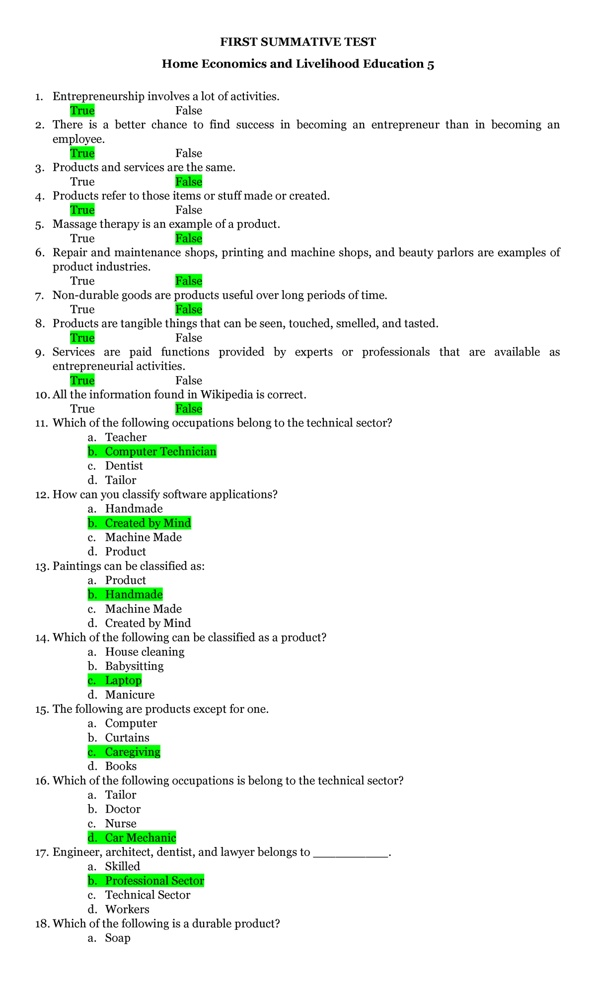Home Economics & Livelihood Ed 5: First Summative Test Guide - Studocu