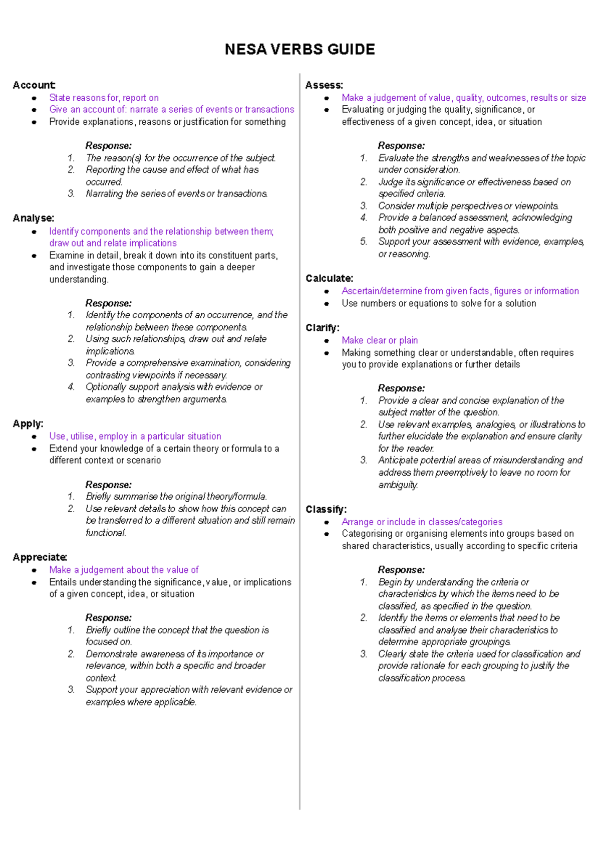 NESA Verbs Guide: Effective Strategies for Answering Questions - Studocu