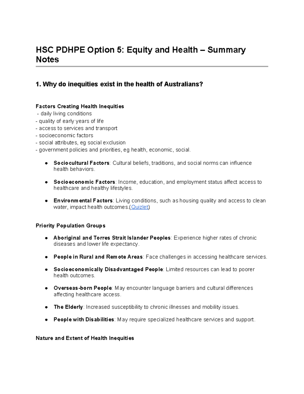 HSC PDHPE Option 5: Equity and Health Revision Notes - Studocu