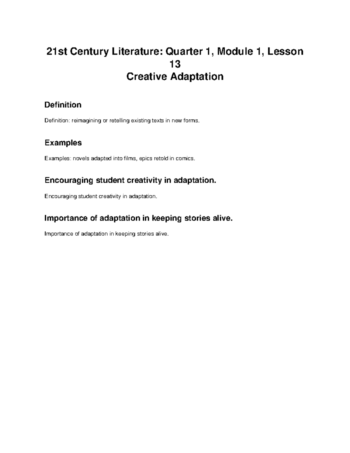21st Century Literature: Q1, Module 1, Lesson 13 - Creative Adaptation ...