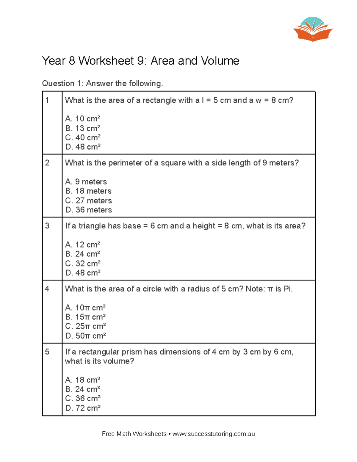 Year 8 Worksheet 9: Area & Volume Concepts and Practice - Studocu