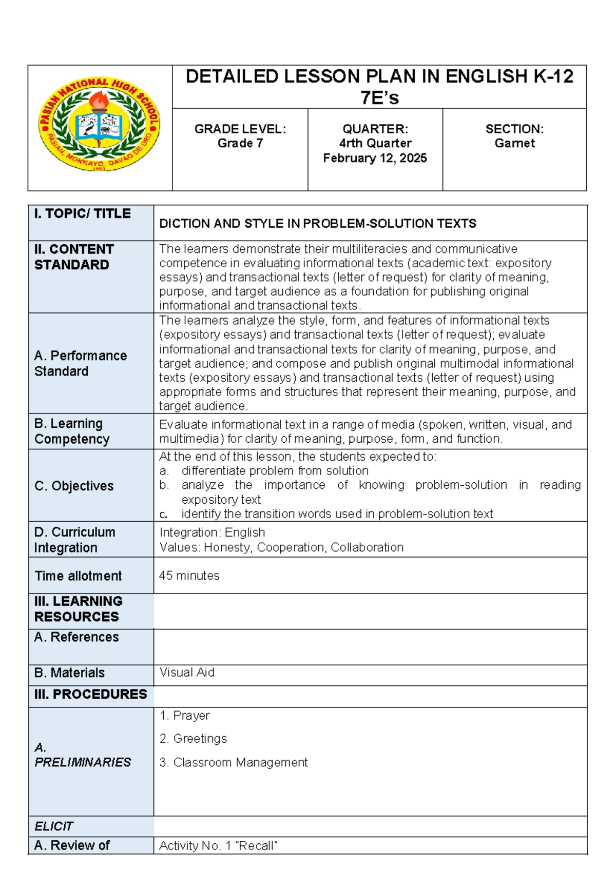 Grade 7 English Lesson Plan: Diction and Style in Problem-Solution ...