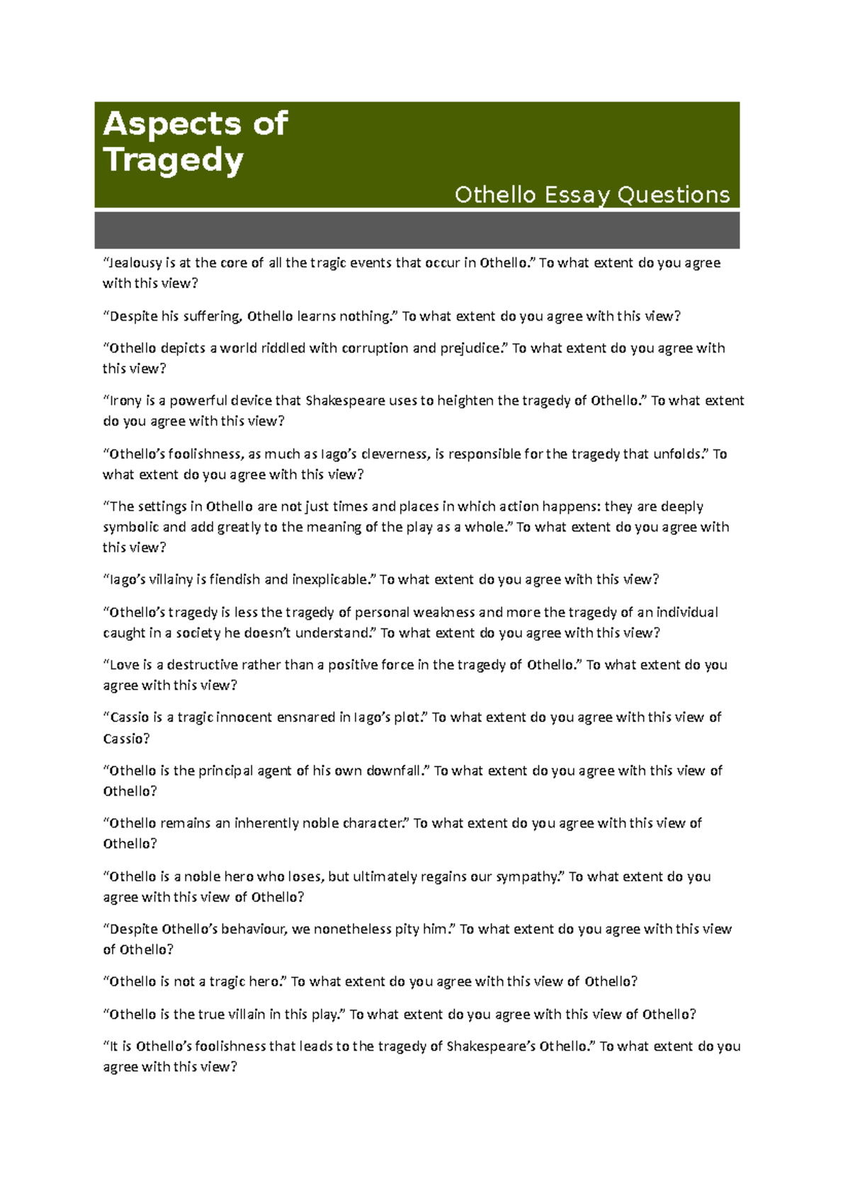 AQA A-Level English Literature B Aspects of Tragedy Othello Section B ...