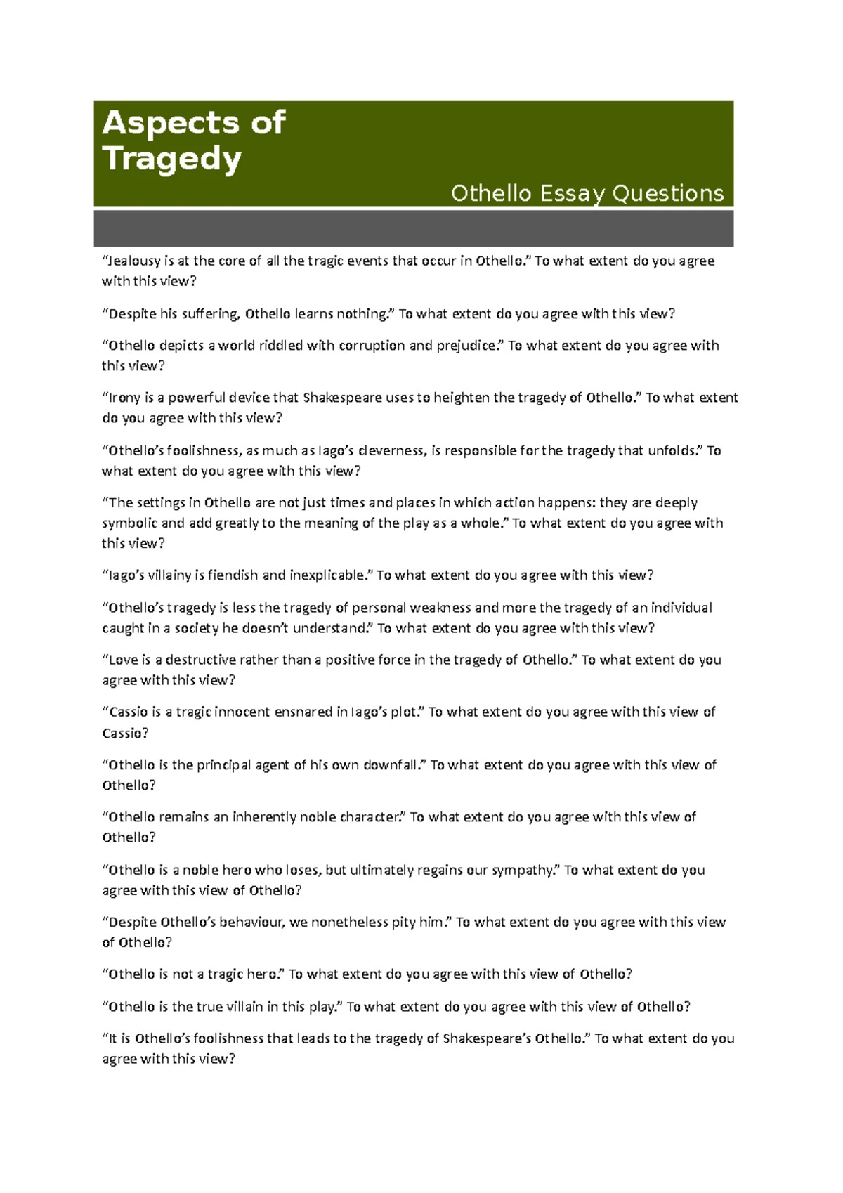 A-Level English Revision - Othello Detailed Study Notes - Studocu