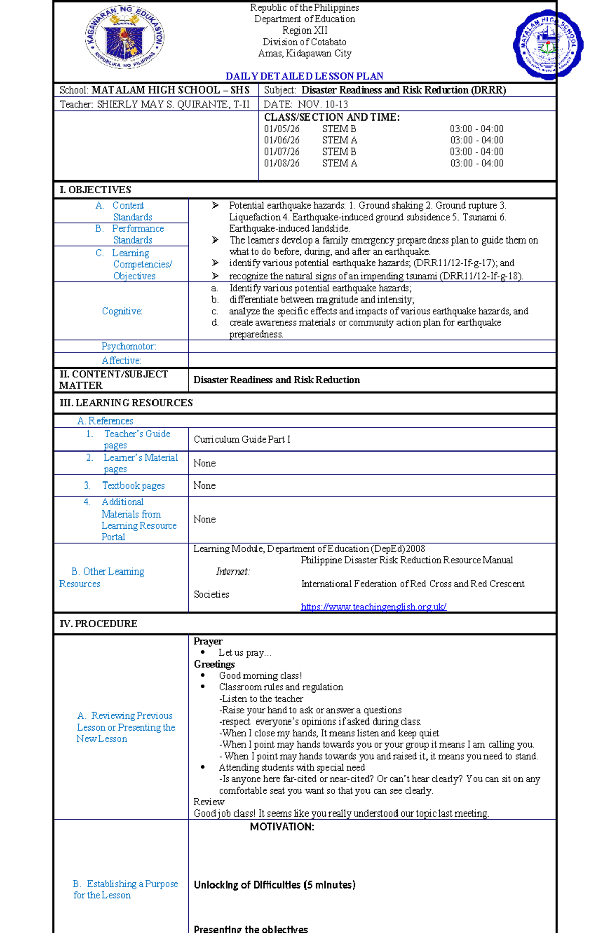 DRR 101: Detailed Lesson Plan for Week 5 on Earthquake Preparedness ...