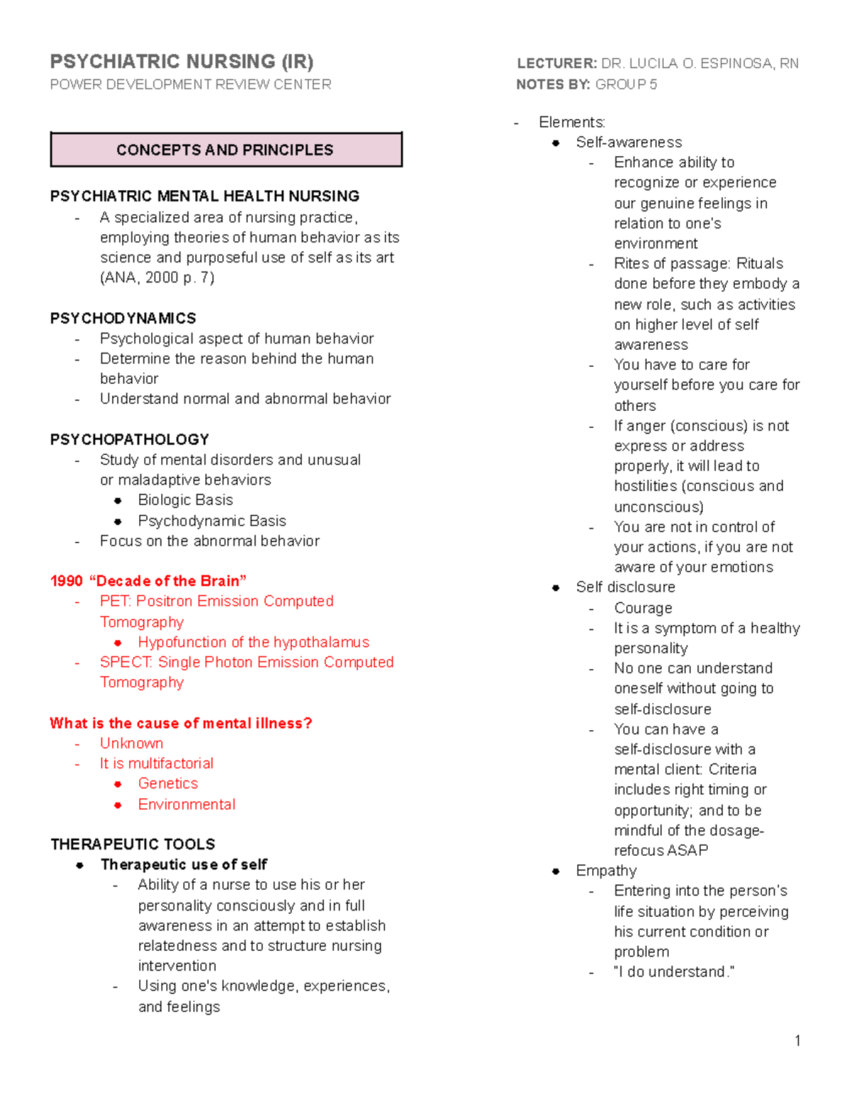 Psychiatric Nursing Concepts & Principles (IR) - Group 5 Notes - Studocu