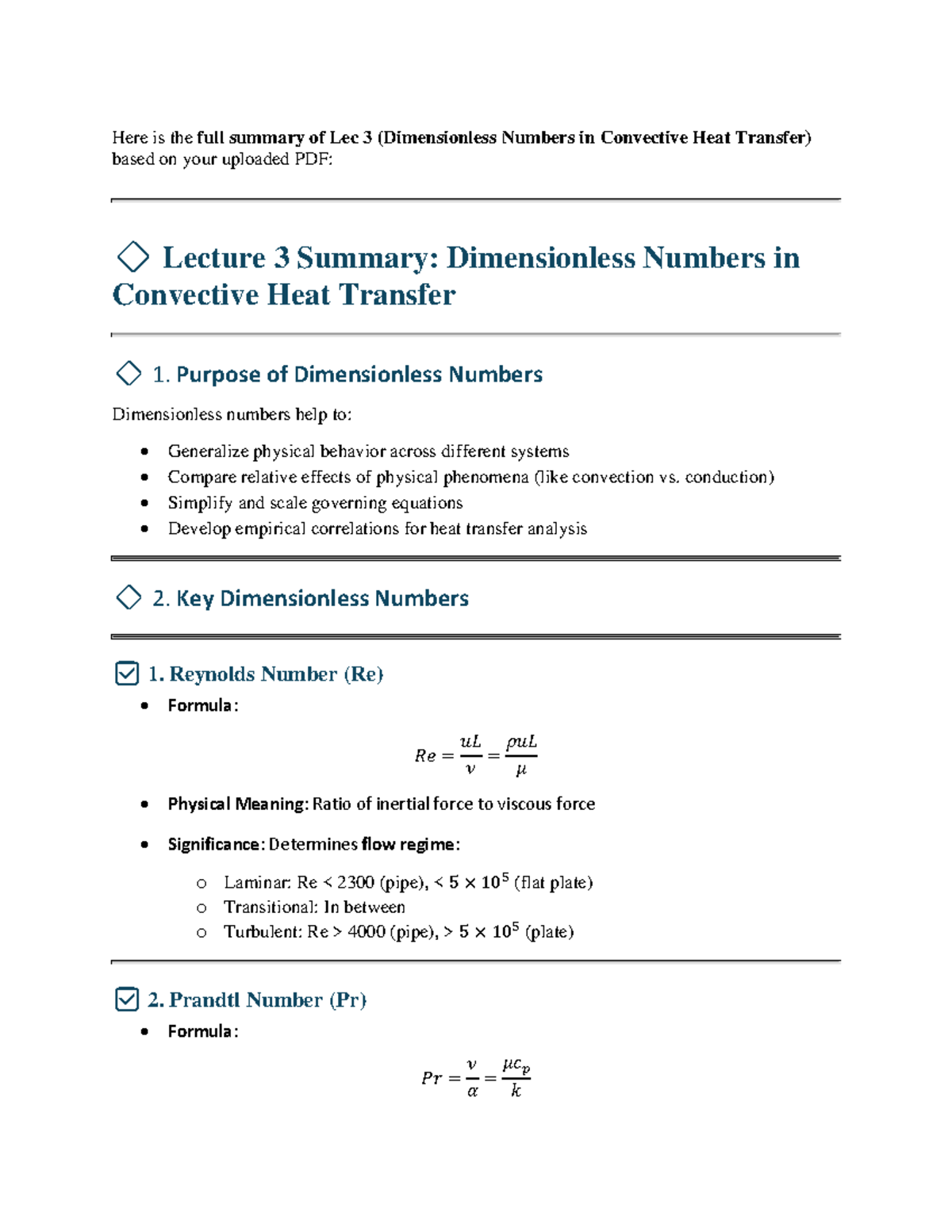 Lecture 3 & 4 Summary: Dimensionless Numbers in Convective Heat Transfer - Studocu