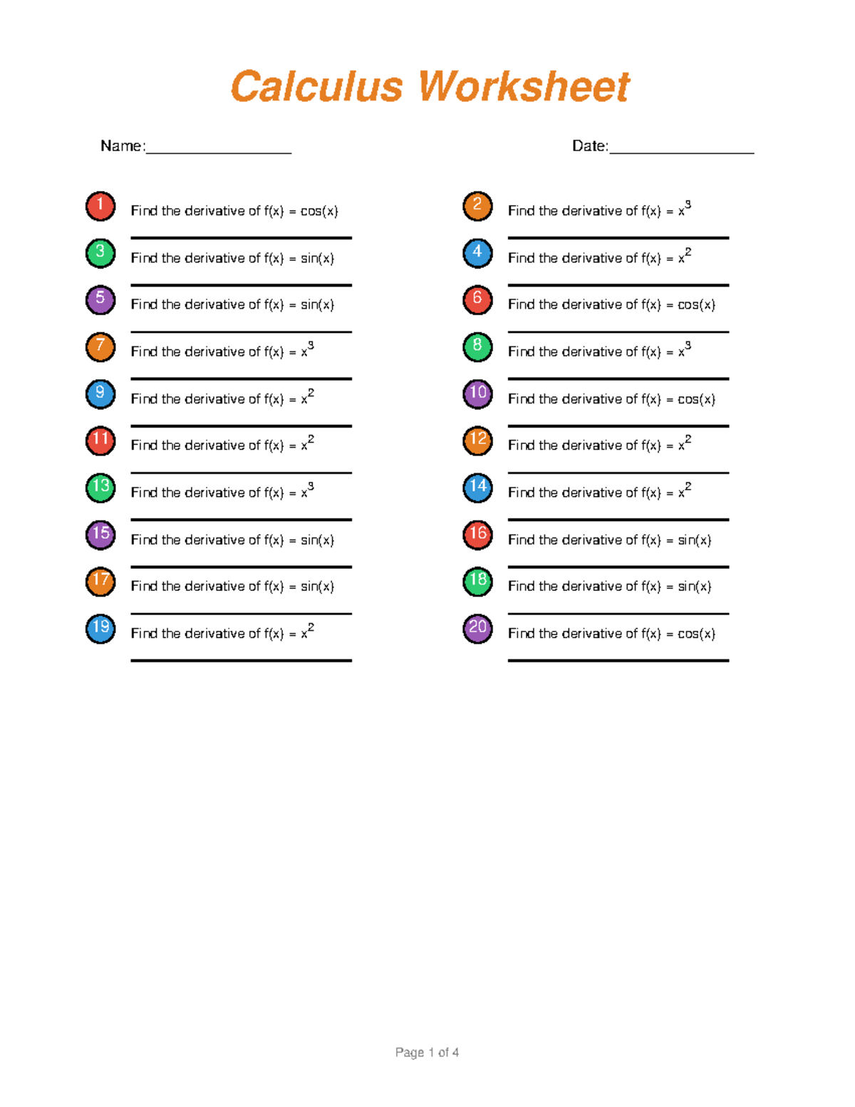 Calculus Worksheet 1: Derivatives and Problem Solving - Studocu
