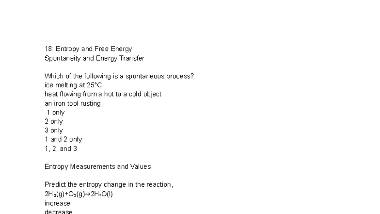 Chapter 18: Entropy, Free Energy, and Spontaneity Concepts - Studocu