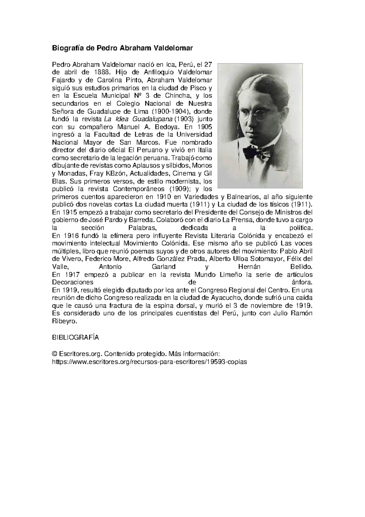 Biografía de Pedro Abraham Valdelomar: Vida y Obras - Studocu