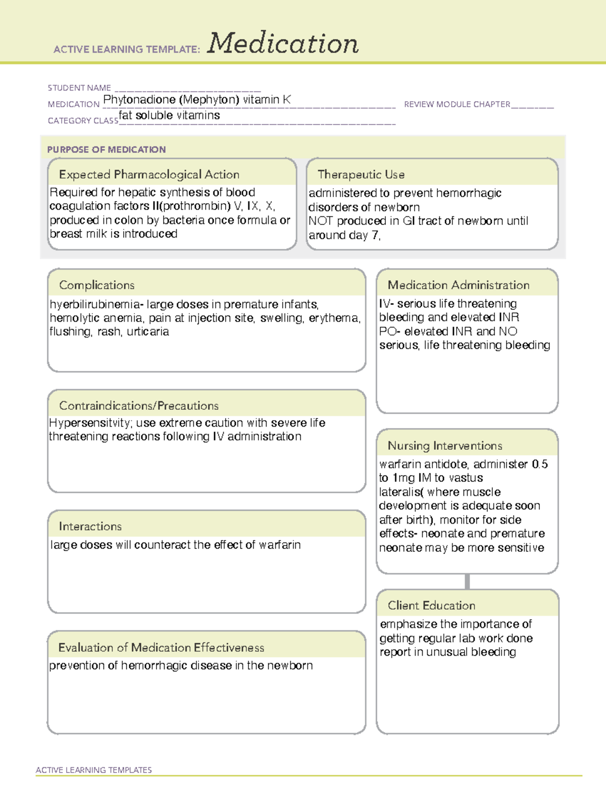Active Learning Template: Phytonadione (Mephyton) - Med Admin Notes ...