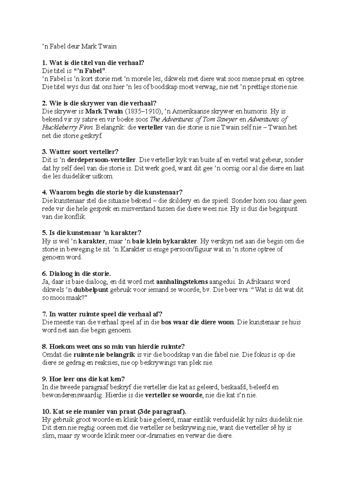 N Fabel deur Mark Twain: 'n Analise van die Verhaal en Karakters - Studocu