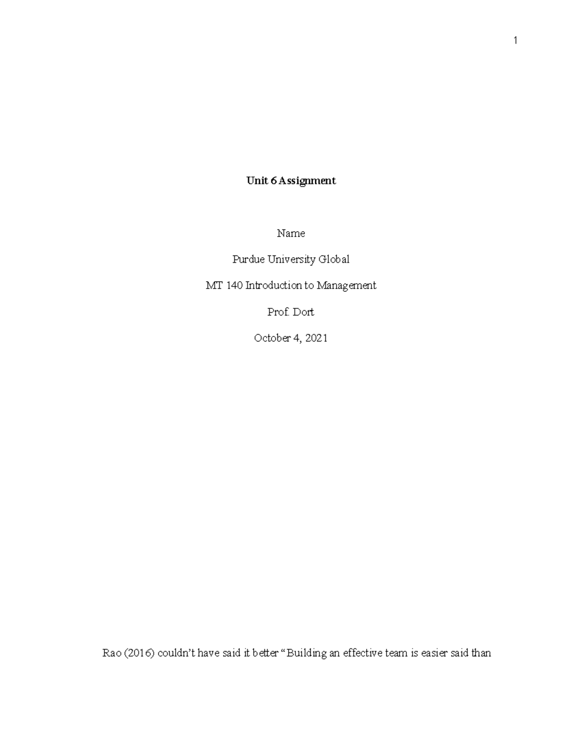 Unit 6 MT140 Assignment - Unit 6 Assignment Name Purdue University Global MT 140 Introduction to ...