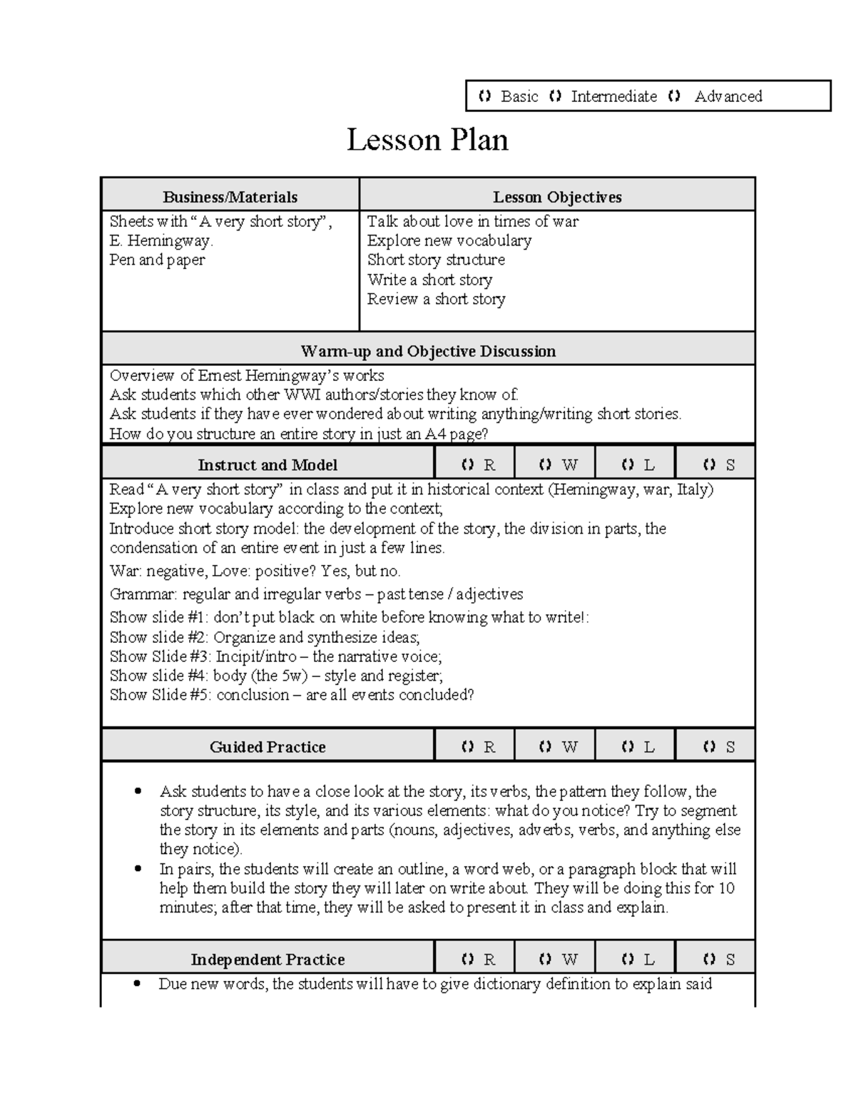 ENG 201: Writing & Reading Lesson Plan on Hemingway's Short Stories ...