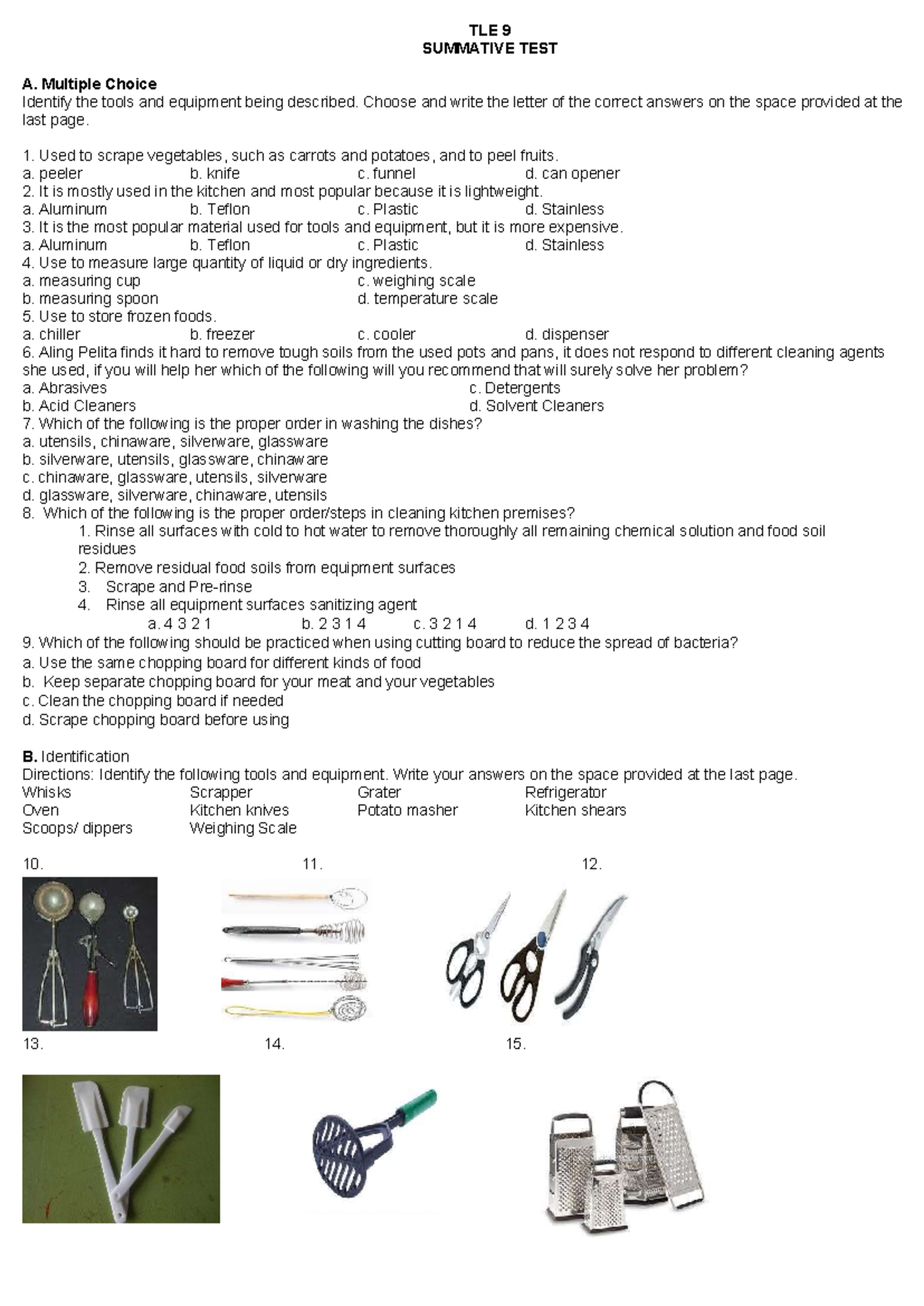 TLE 9 1st Summative Test: Tools & Equipment Identification - Studocu