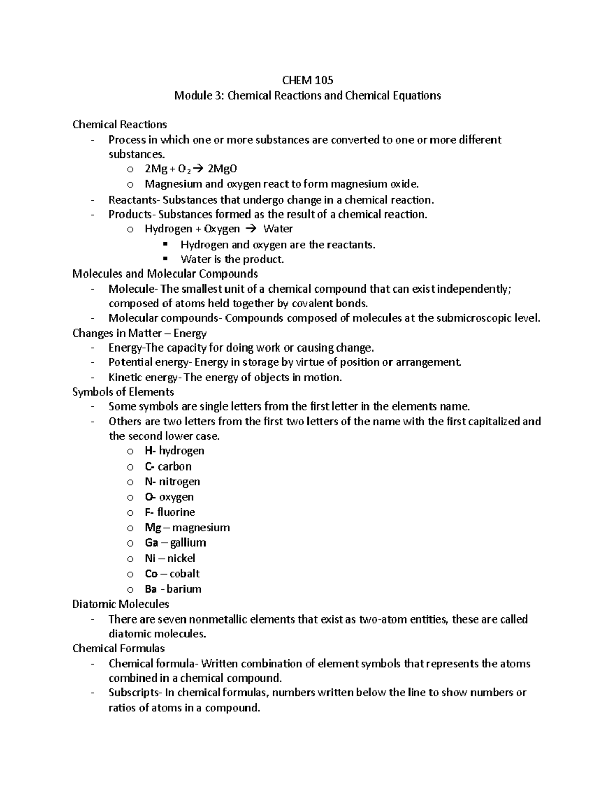 CHEM 105 Module 3 - Overview of Chemical Reactions & Equations - Studocu