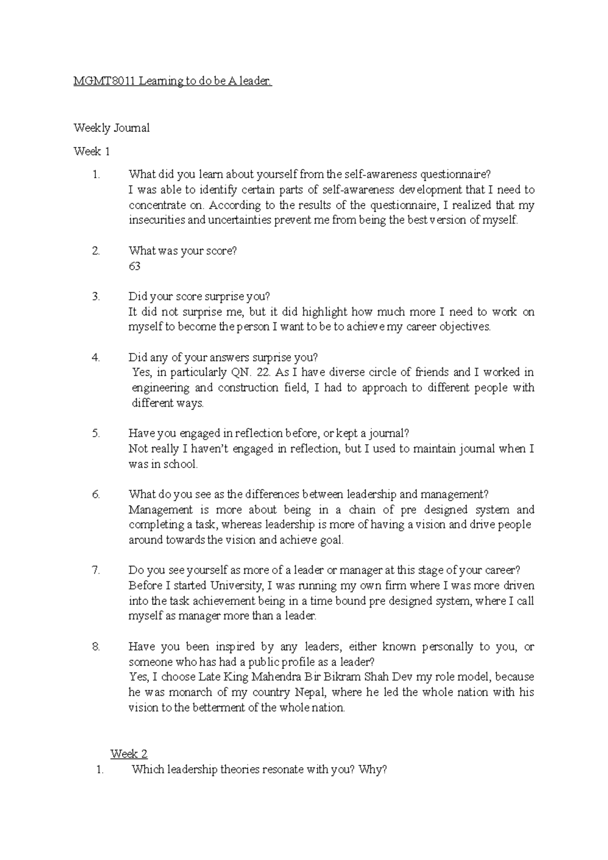Weekly journal final - MGMT8011 Learning to do be A leader. Weekly ...