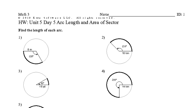 Math 3 HW: Unit 5 Day 5 - Arc Length & Area of Sector - Studocu