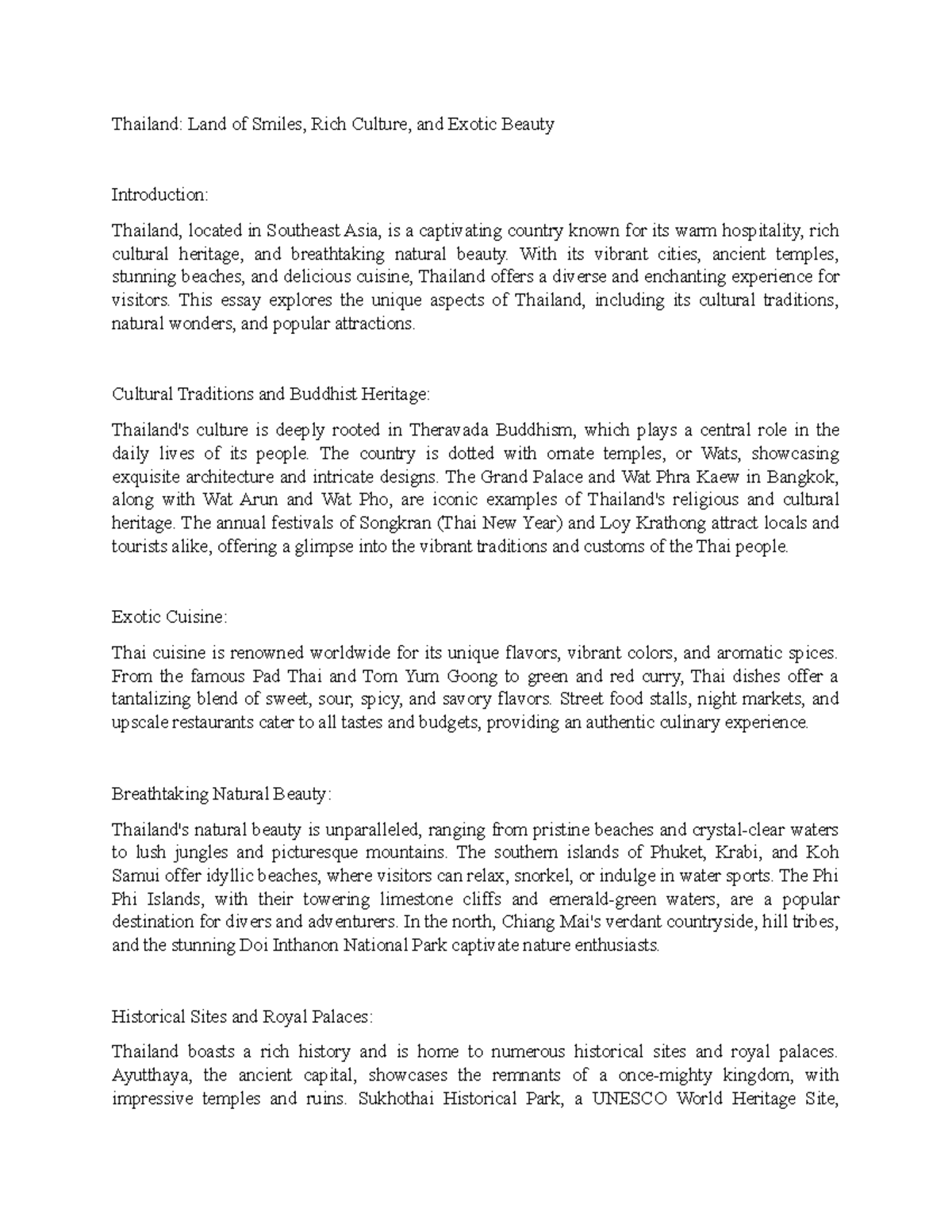 Thailand - Cultural Insights and Natural Wonders Essay - Studocu